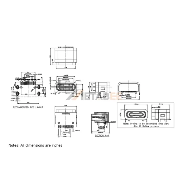 USB 2.0 Type C Connector, Receptacle, 24 Pin, 480 Mbps, PCB - MetabeeAI